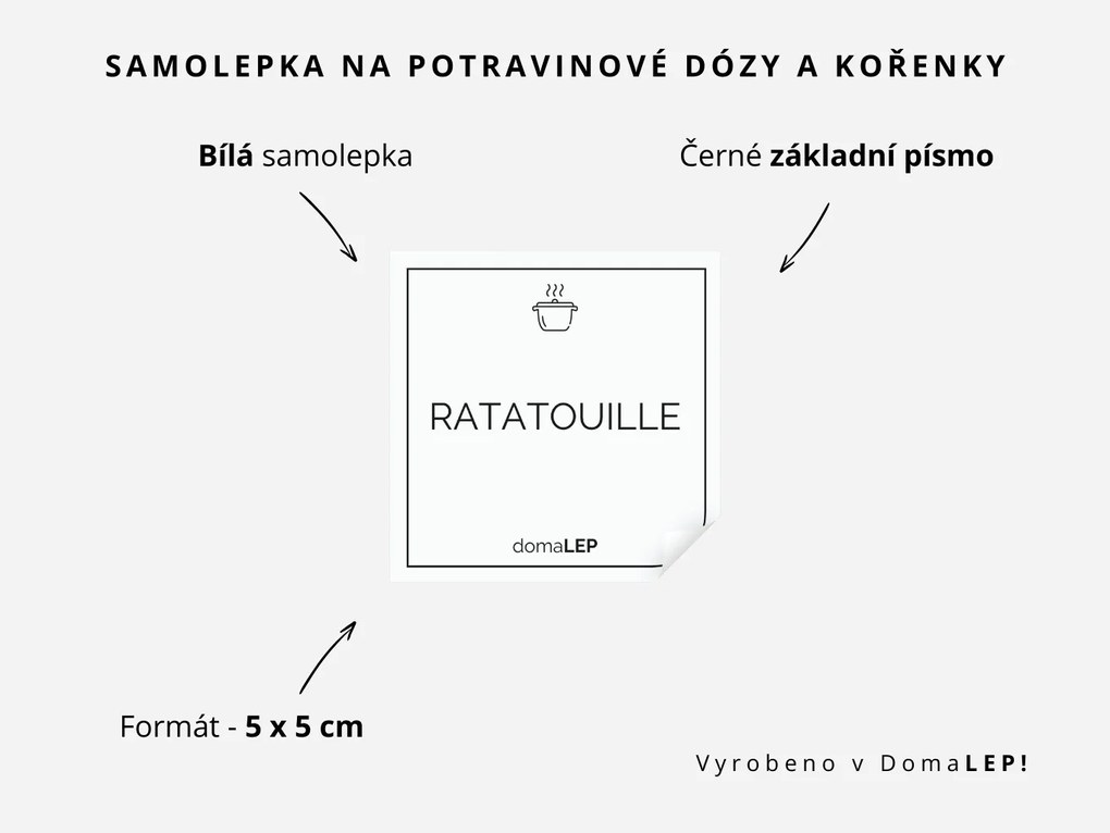 RATATOUILLE - omyvatelná samolepka na kořenky, výběr rozměrů Ø 5 cm / 5 x 5 cm / 6 x 8 cm | DomaLEP tvar: KOLEČKO, barva: BÍLÁ - ČERNÉ písmo, velikost: Ø 5 cm - tučné písmo