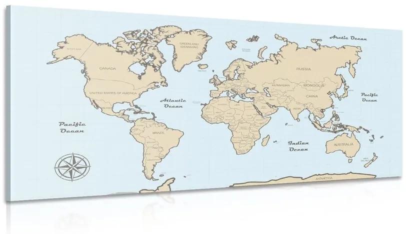 Obraz béžová mapa světa na modrém pozadí - 120x60 cm