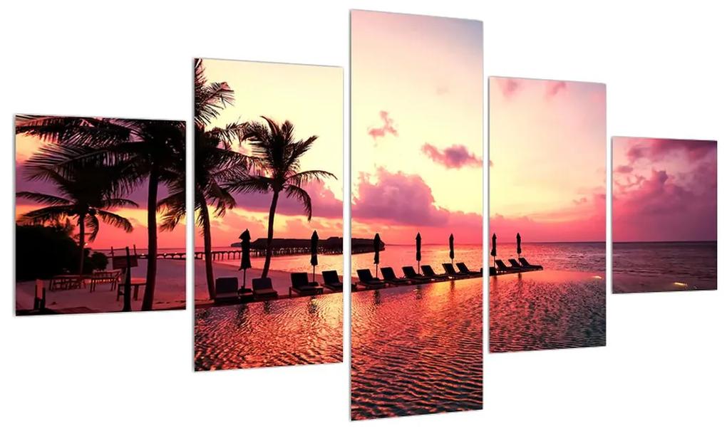 Obraz pláže s palmami a sluncem (125x70 cm)