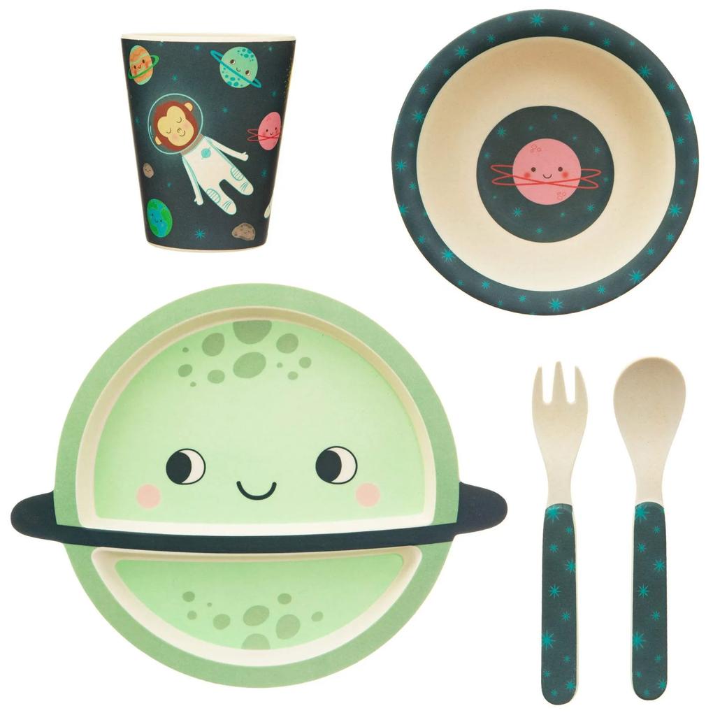 sass & belle Set dětského bambusového nádobí Space Explorer, modrá barva, zelená barva, melamin
