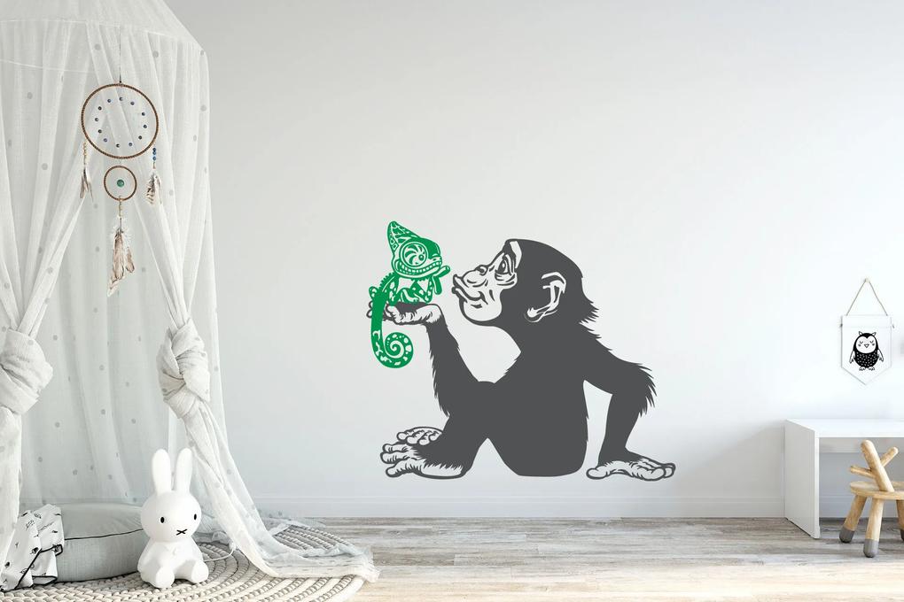 Lepy.cz Samolepka na zeď Safari - Opice s ještěrkou Velikost (šířka x výška): 35x30cm, Kombinace barev sety: Tmavě Šedivá + světle modrá