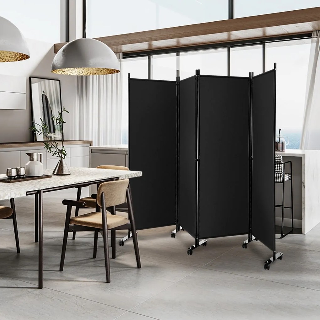 Costway Čtyřdílný paraván na kolečkách, výška 173 cm, černý