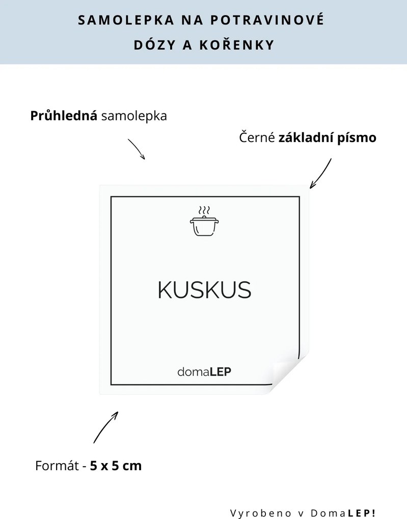 KUSKUS – průhledná samolepka na dózu, základní písmo, 5 × 5 cm