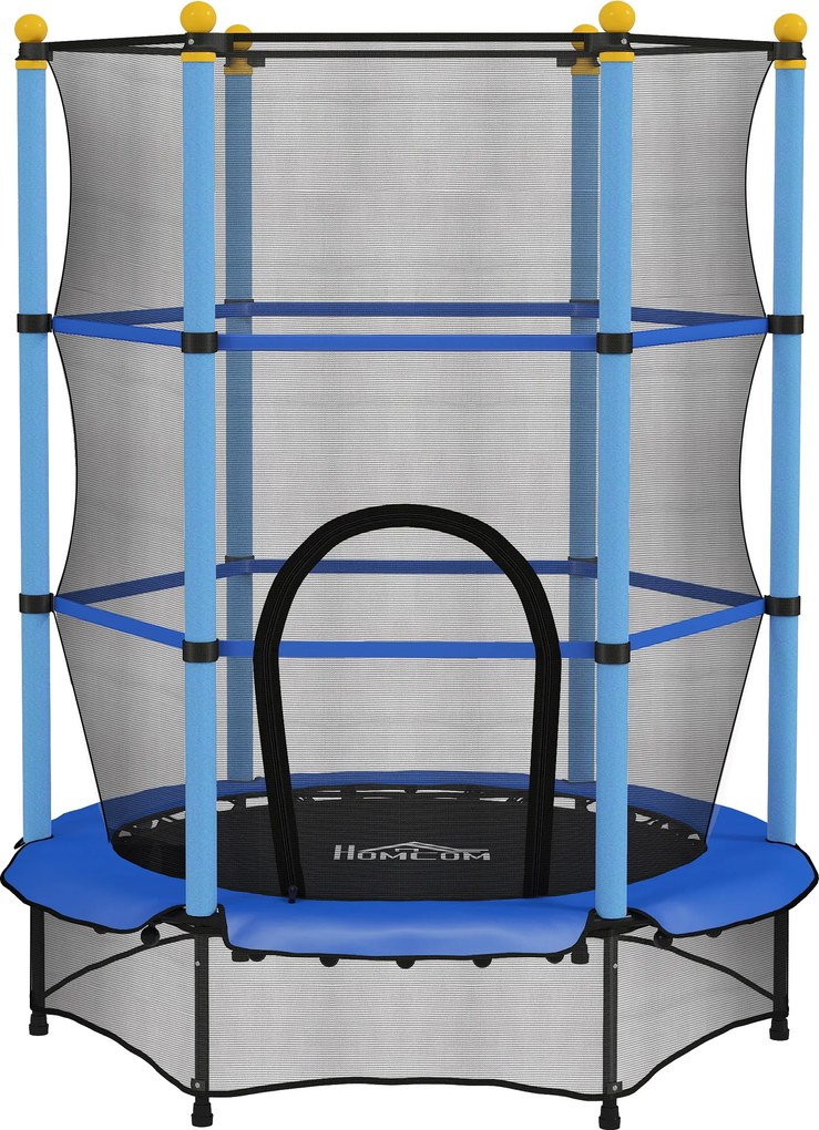 HOMCOM Dětský Trampolína Ø140 cm, Trampolína s Ochrannou Síťkou, Krytem Okrajů, Zahradní Trampolína pro Děti 3-10 Let, Do 50 kg, Modrá