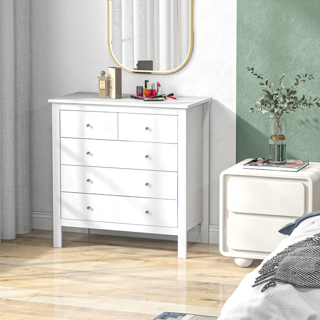 HOMCOM Komoda s 5 zásuvkami - Moderní úložná skříňka pro obývací pokoj, ložnici a chodbu, bílá, 79 x 39,5 x 80,5 cm