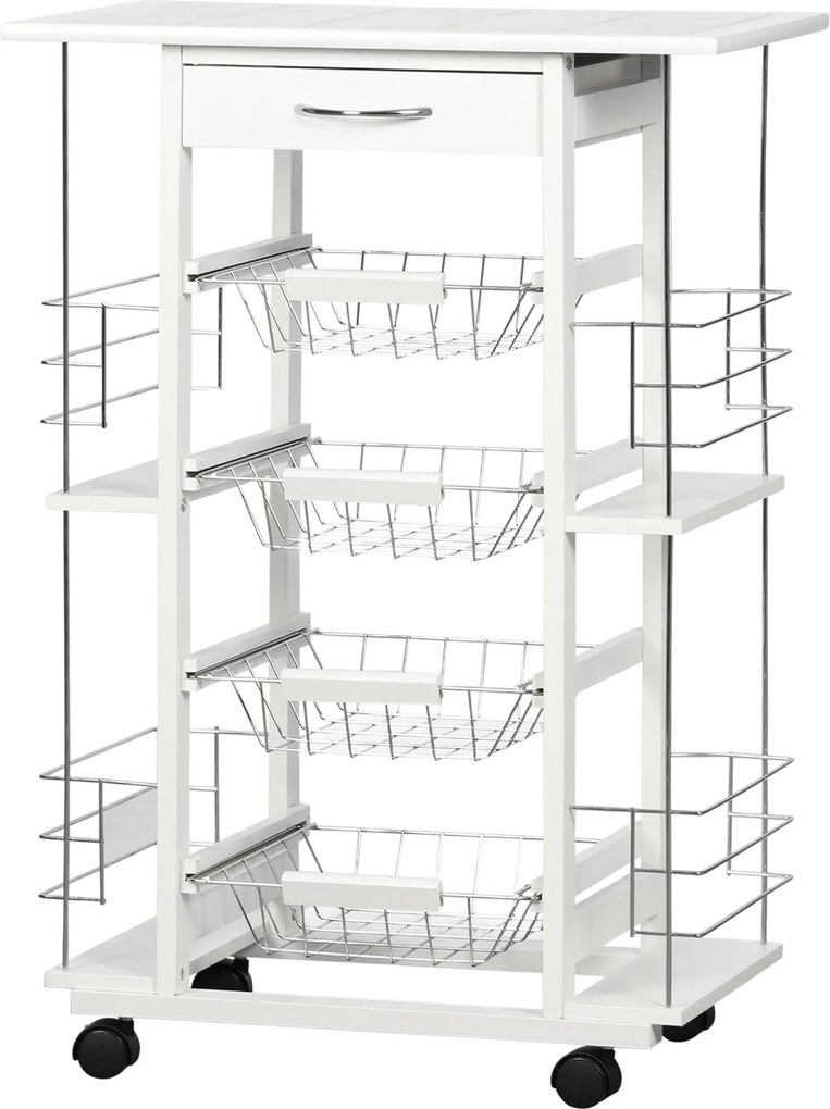 HOMCOM Kuchařský vozík na kolečkách s dlažkou a zásuvkou, 4 kovové košíky a 4 boční stojany na kořenky pro jídelnu, 57x37x83 cm Bílý