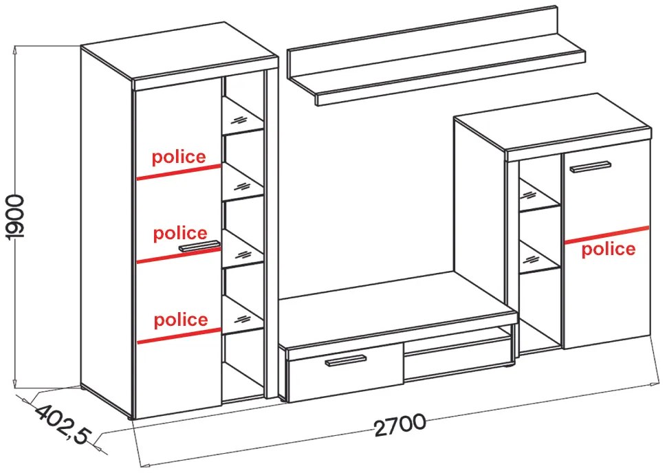 Obývací stěna Rumba + komoda 3F | 270 cm + 148,8 cm | bílá