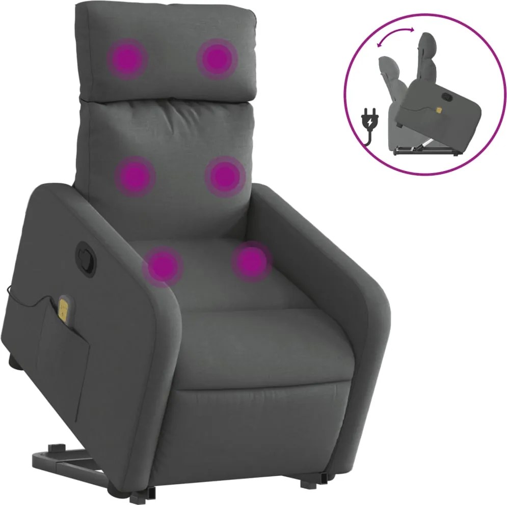Zvedací masážní polohovací křeslo tmavě šedé textil 3206709