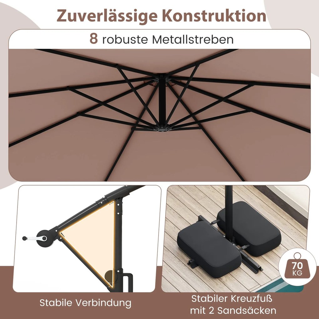 Costway 300 cm slunečník s LED osvětlením 9 Modes s pytli s pískem