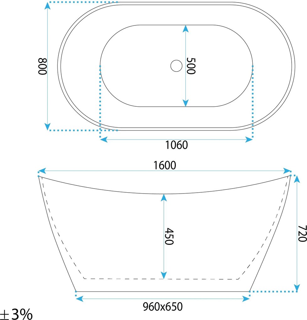 Rea FERRANO Slim, volně stojící vana 1600×800×720 mm, bílá, bílá krytka odtoku, REA-W0081