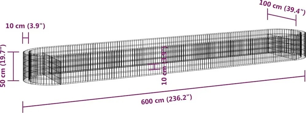 vidaXL Gabionový vyvýšený záhon pozinkované železo 600 x 100 x 50 cm [152044]