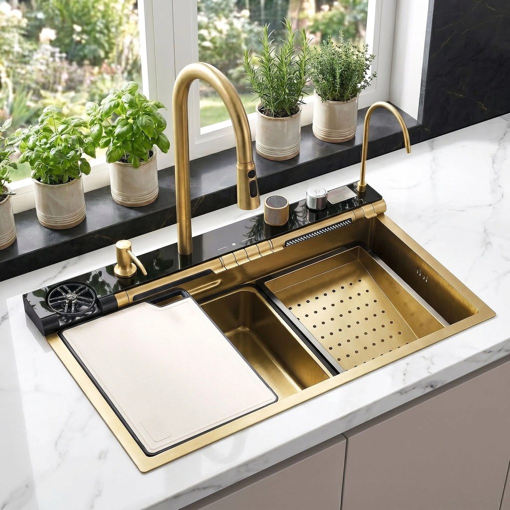 Rea, Multifunkční ocelový dřez 10 v 1 REA Alonzo Brush Gold, ZLE-06419