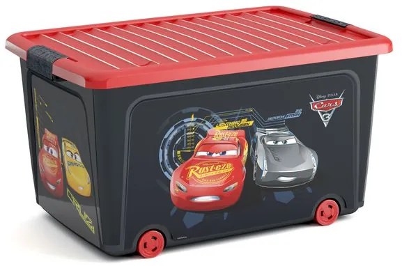 Velký úložný box do dětského pokoje, červená / černá - Auta, s kolečky, 50 L