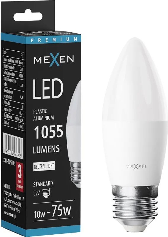 Mexen Nova, LED žárovka E27, C37, 10W, Neutrální - 4000K, 1055 lm - L102-E27-1040-01