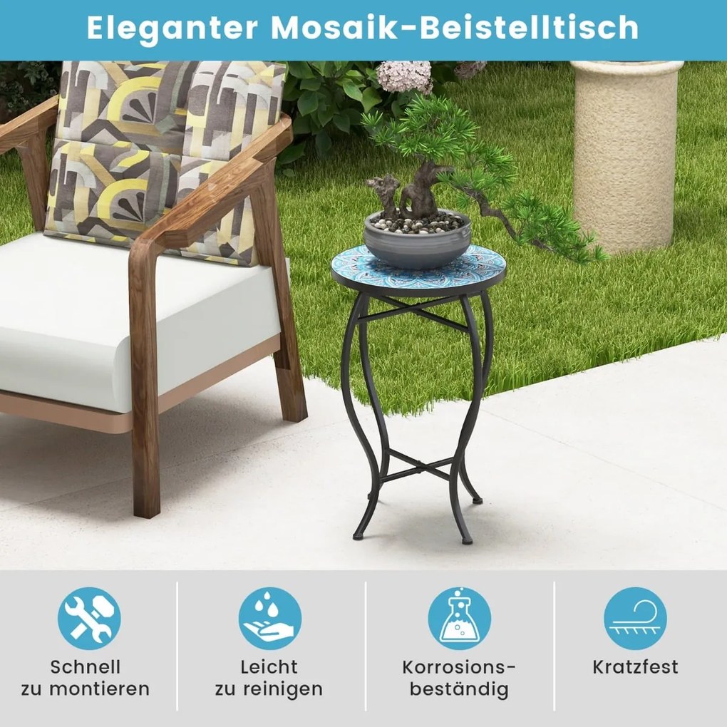 Costway Odkládací stolek kulatý mozaikový bistro modrá a – 35 × 55 cm