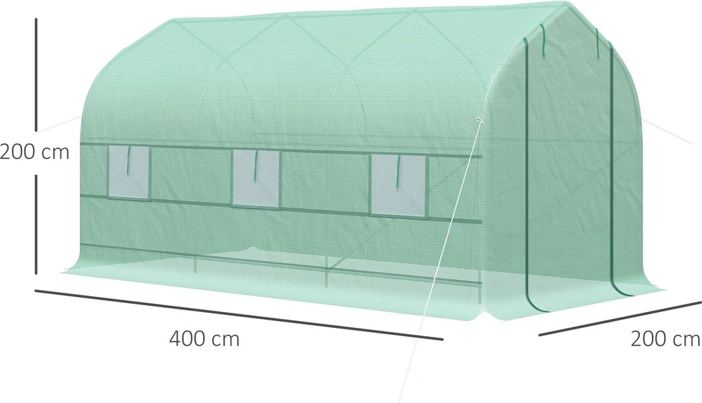 Zelený skleník Outsunny 4x2x2 m s 6 propustnými okny a zipovým rolovacím dveřmi pro pěstování rostlin a zeleniny
