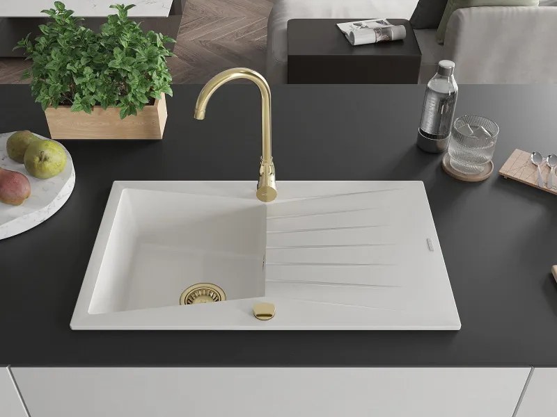 Mexen Cesar, granitový dřez 775x470x190 mm, 1-komorový, bílá se zlatým sifonem, 6514771010-20-G