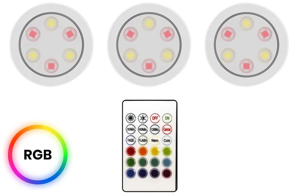 LED svítidlo Jojo, 1x LED 0,6w 3000-6000k, w, RGB, ovladač, sada 3ks
