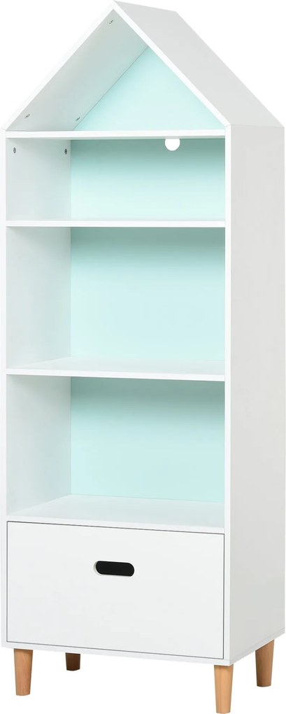 HOMCOM Dětská knihovna Dřevěná knihovna pro děti na knihy, hračky a DVD s 4 policemi a 1 zásuvkou Dvoubarevný kompaktní design 50x30x142 cm Bílá