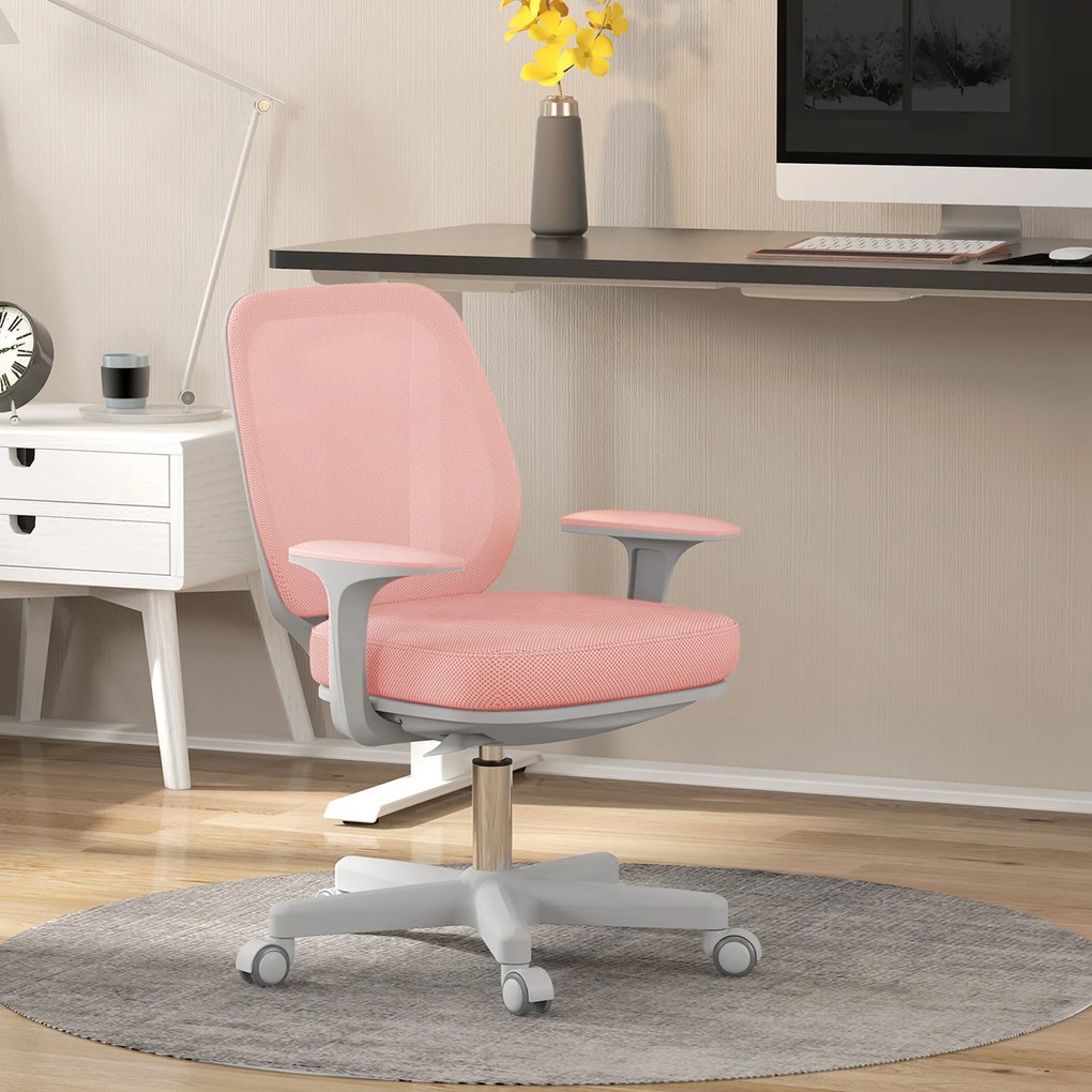 Ergonomická kancelářská židle Vinsetto z prodyšné tkaniny s 5 kolečky, nastavitelná výška, 55x48x82,5-94,5 cm, Růžová