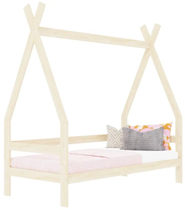 Benlemi Dětská dřevěná postel SAFE 5v1 ve tvaru teepee se zábranou Zvolte barvu: Béžová, Zvolte rozměr: 90x160 cm, Zvolte zábranu: S otevřeným vstupem
