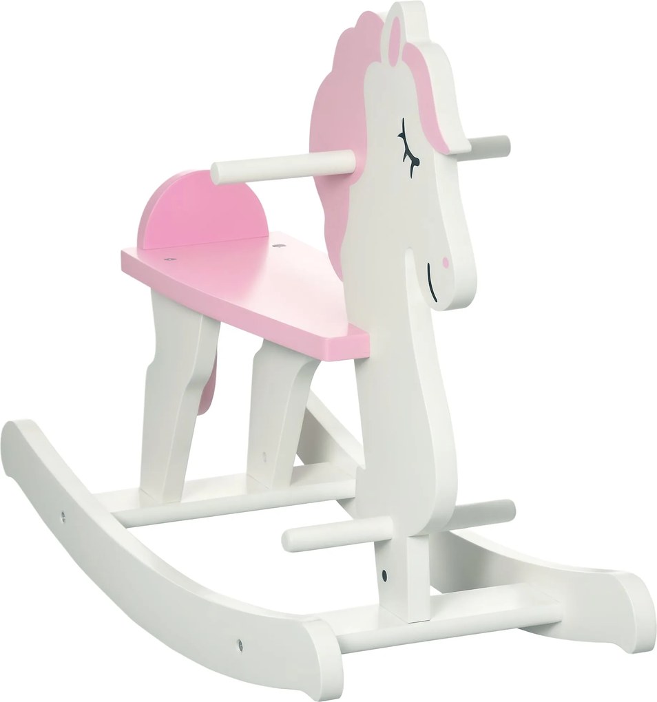 HOMCOM Houpací Kůň pro Děti 1-3 Roční Dřevěný Kůň s Řídítky a Pedály Nosnost 50 kg 68x27x46,5 cm Bílá a Růžová | Aosom