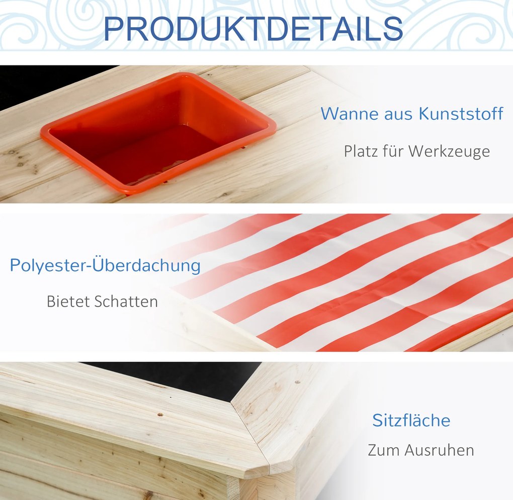 Square Wooden Sandpit Outsunny 1,18L x 1,18W x 1,18H m - Nastavitelná výška, sklon střechy, uzavíratelný - 2 vaničky - Autoklávované jedlové dřevo