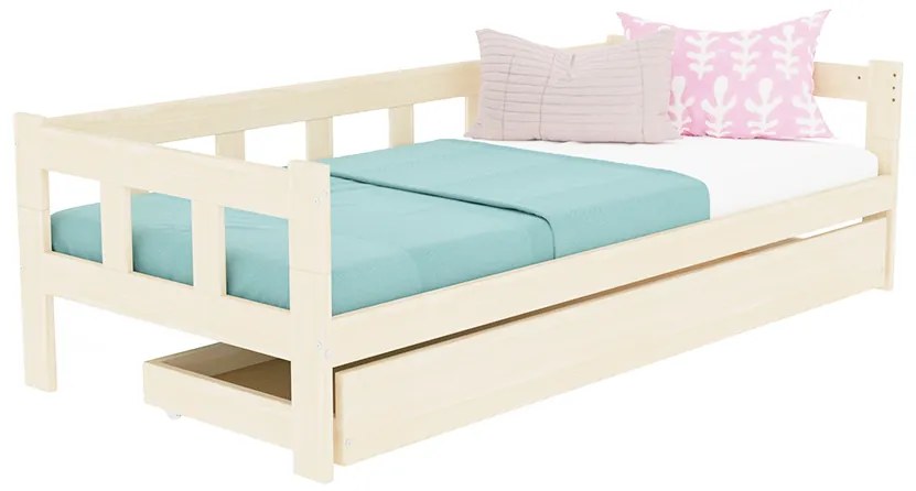 Benlemi Dřevěná jednolůžková postel FENCE 4v1 se zábranou a úložným šuplíkem Zvolte barvu: Béžová, Zvolte rozměr: 80x200 cm, Zvolte zábranu: S otevřeným vstupem