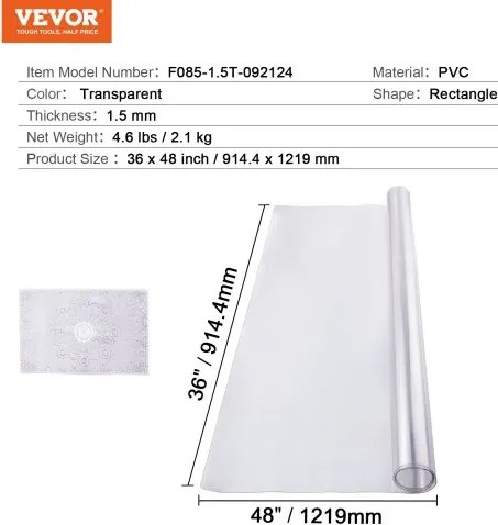 PVC chránič stolu 91,4 × 121,9 cm průhledný plastový o tloušťce 1,5 mm