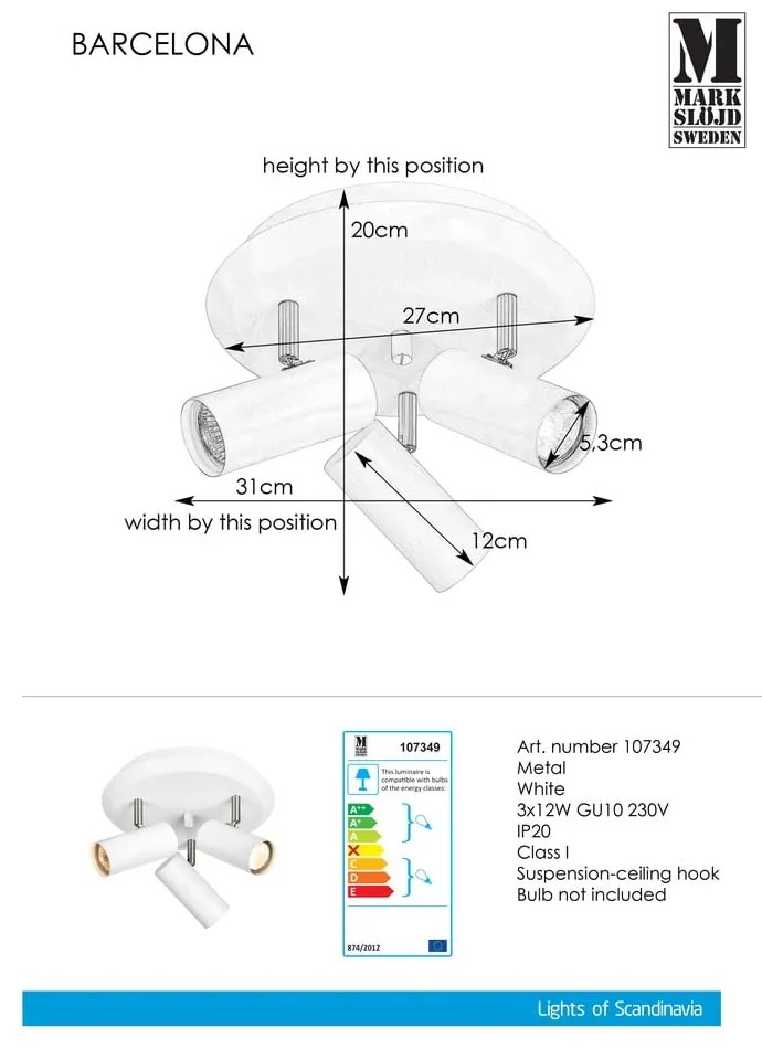 Bílé nástěnné svítidlo Markslöjd Barcelona Tres