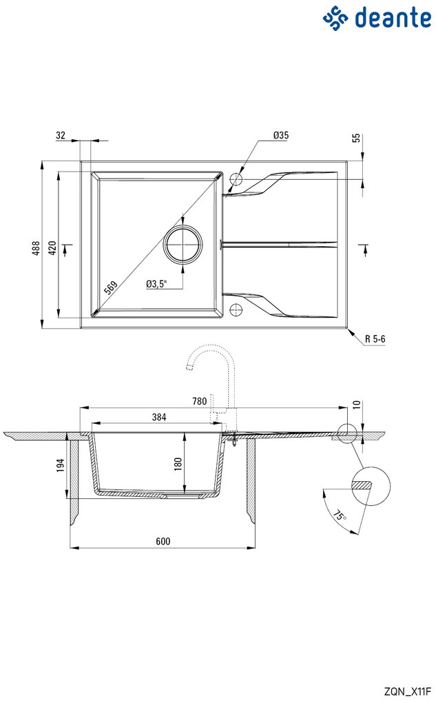 Deante Dřez Andante Flush s odkapávačem, granit - ZQN N11F černý
