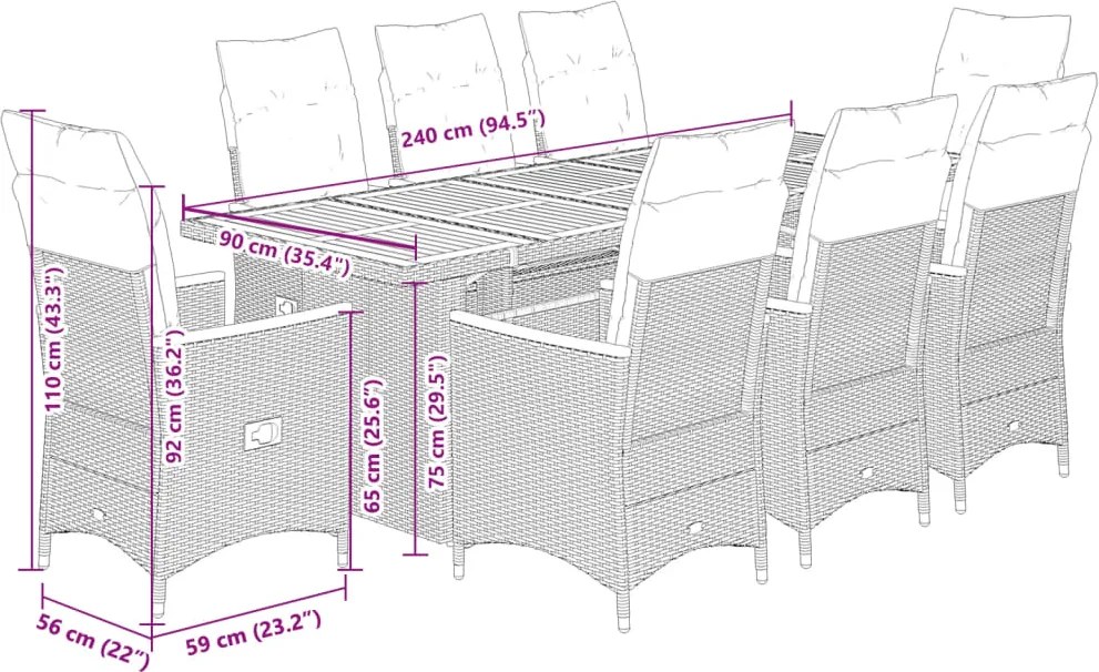 9dílný zahradní bistro set s poduškami šedý polyratan 3277252