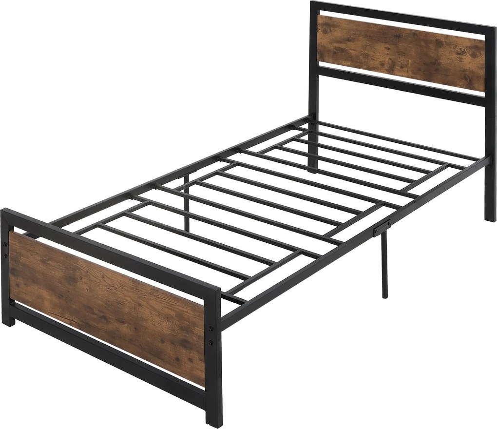 HOMCOM Jednolůžkový rám postele z dřeva a oceli 97x 208x103cm, integrované lamely, průmyslový styl čela a nohou postele, černý a rustikální hnědý | Ao