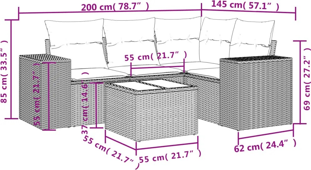 5dílná zahradní sedací souprava s poduškami béžová polyratan 3254855