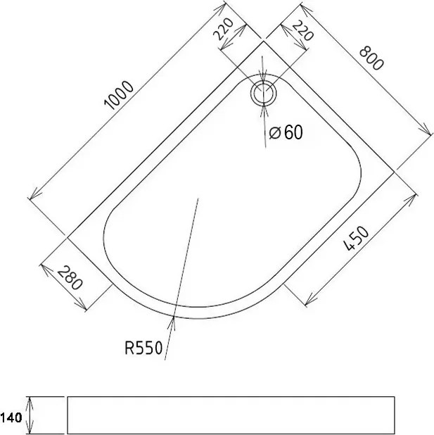 LOR 100x80 Pravá Sprchová vanička asymetrická, akrylát