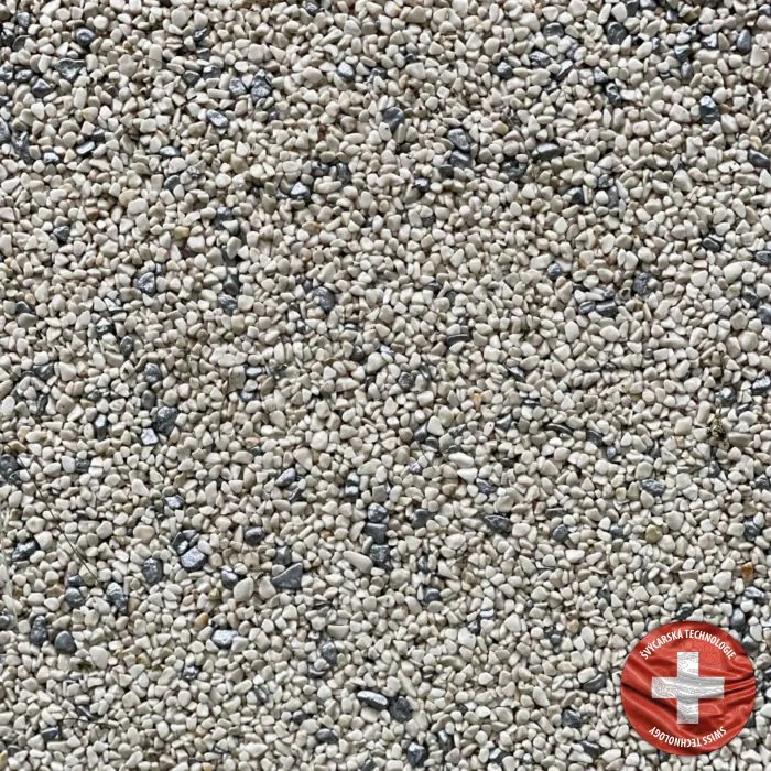 Báča Beton Kamenný koberec na podlahu Silver day Frakce: Hrubá (4 – 8 mm), vydatnost setu 1,3 m², Doporučené použití v: exteriéru - jednosložkový polyuretan