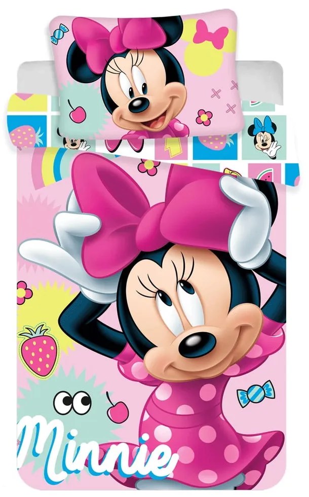Růžové bavlněné dětské povlečení do postýlky 100x135 cm Minnie 
