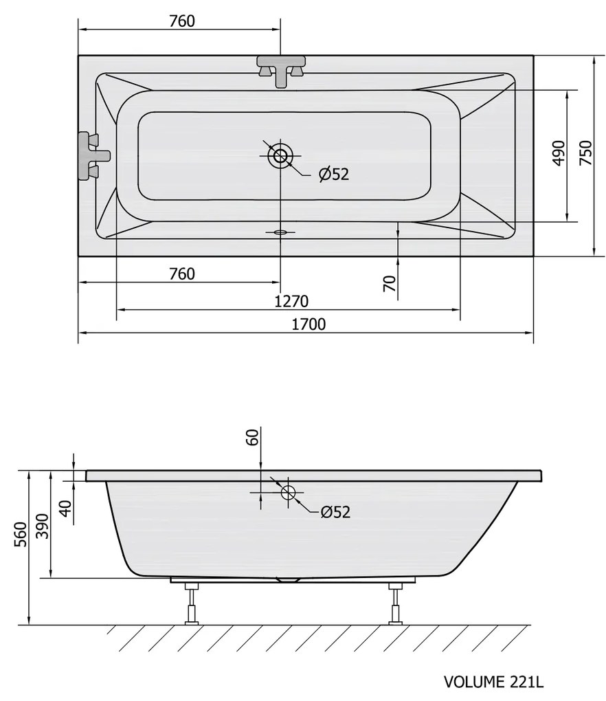 Polysan MIMOA obdélníková vana s konstrukcí 170x75x39 cm, bílá, 71848