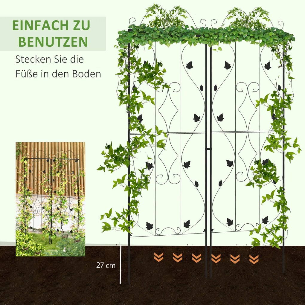 Outsunny ocelová mříž 2 ks, zapichovací odolná opora s listovým vzorem, 50 x 181 cm — černá