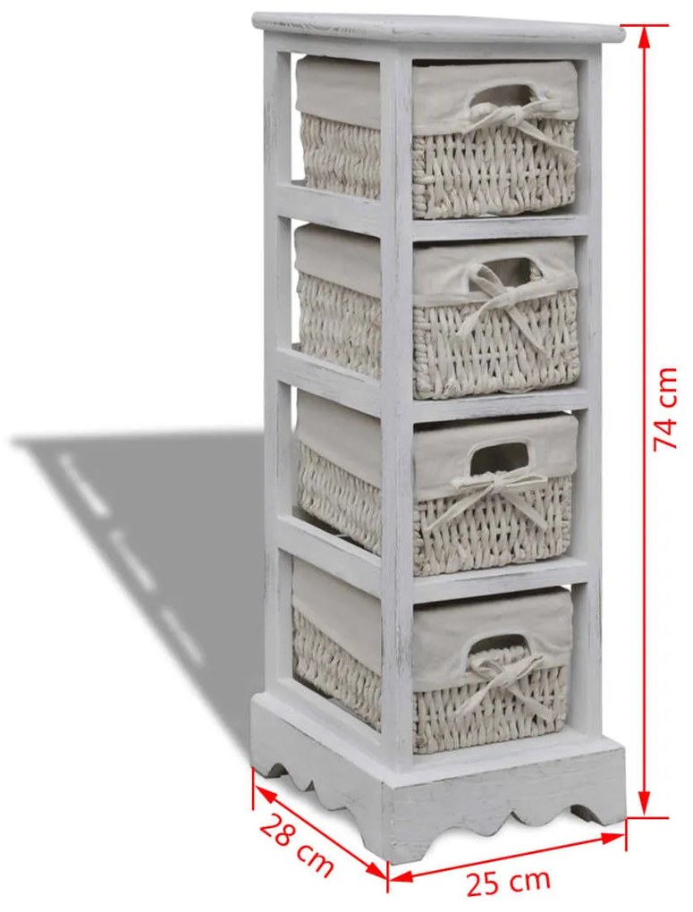 vidaXL Marketos Dřevěný úložný regál se 4 proutěnými košíky bílý