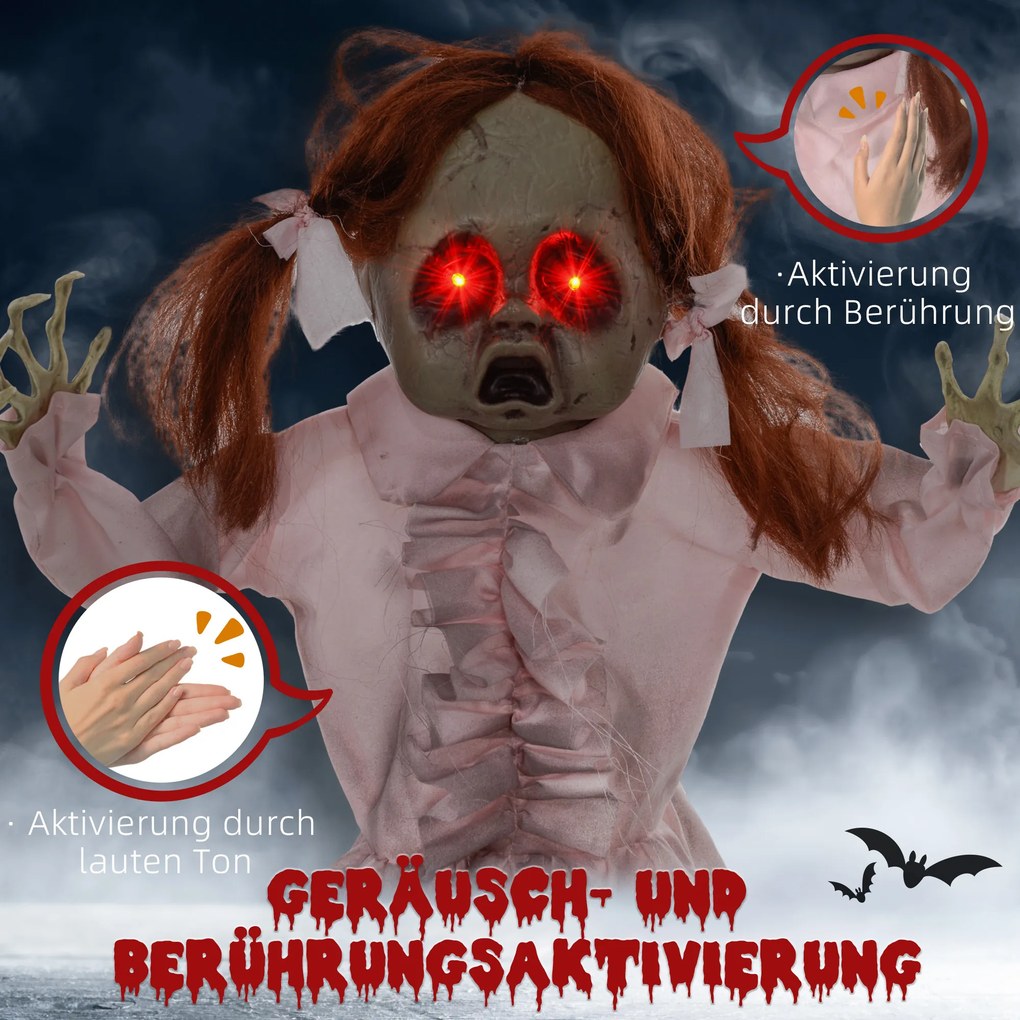 HOMCOM Hororová panenka, halloweenská dekorace, aktivována zvukem/ dotykem, červené oči, zvuk, 76 cm