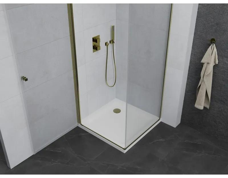 Mexen Pretoria sprchový kout s otočnými dveřmi 90 x 90 cm, Průhledné, Zlatá + sprchová vanička Flat - 852-090-090-50-00-4010