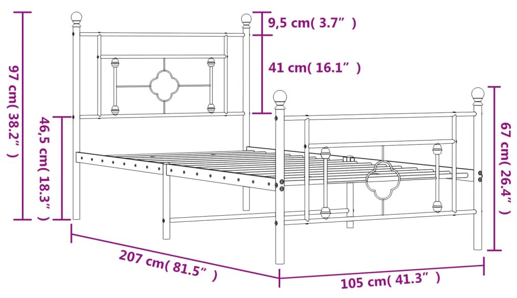 Kovový rám postele s hlavovým a nožním čelem bílý 100 x 200 cm - Default Title