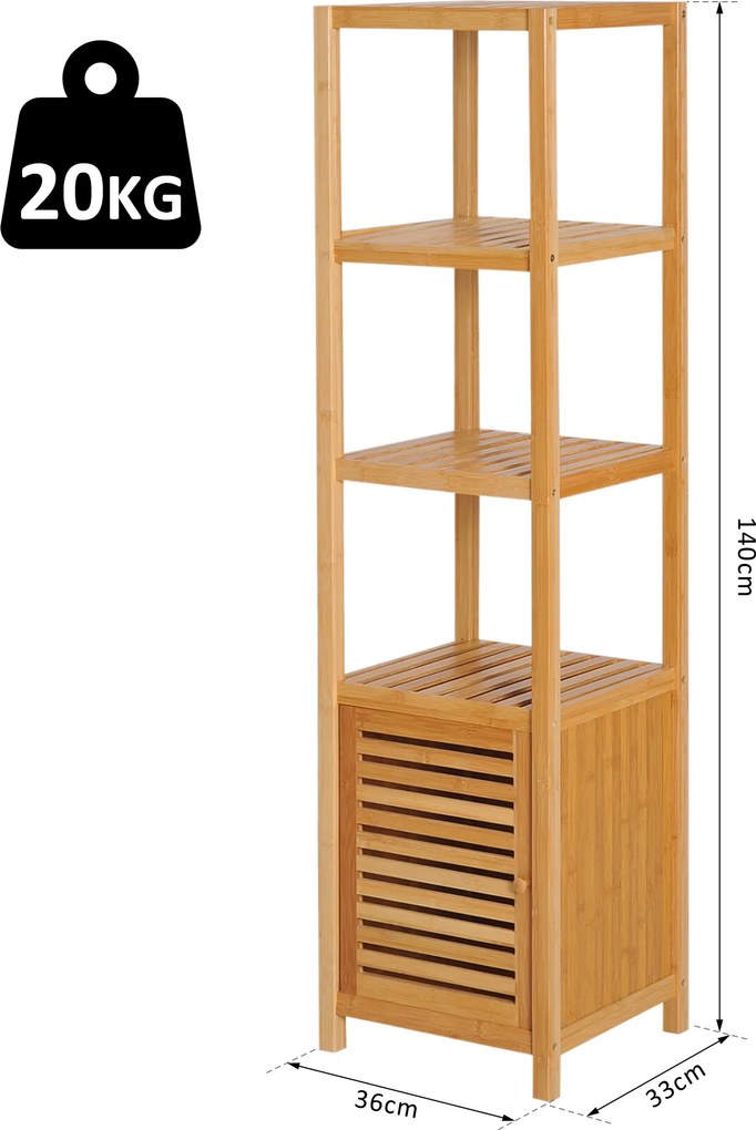 HOMCOM Koupelnová skříňka Koupelnová skříňka se 3 otevřenými přihrádkami z bambusu, toaletní skříňka přírodní 36x33x140cm pro optimální skladování | …