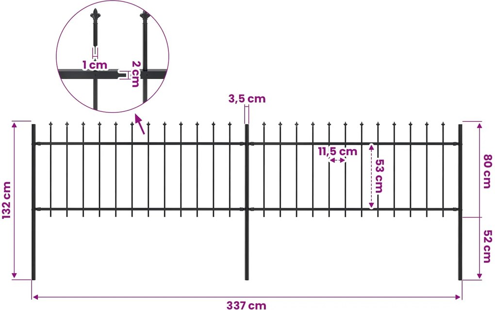 Zahradní plot s kopím nahoře ocelový 337 x 80 cm černý 277603
