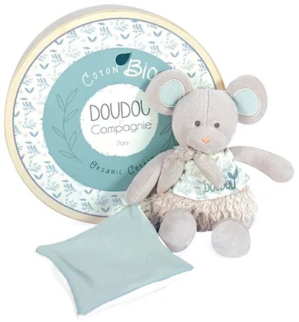 Doudou Dárková sada - Plyšová myška s dečkou z BIO bavlny 22 cm