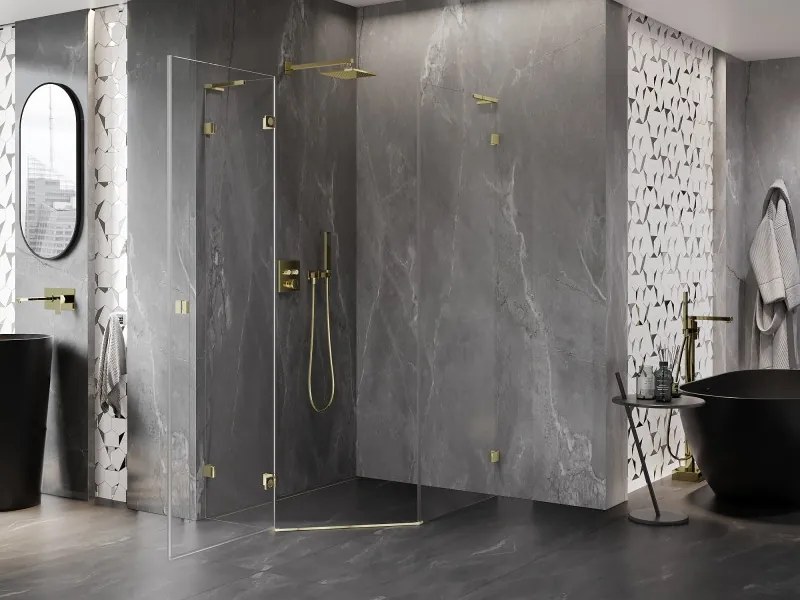 Mexen Lunar, L pětiúhelníkový sprchový kout naklápěcí doleva 80 x 90 cm, 8mm čiré sklo, zlatý profil, 831L-080L-090P-50-00-L
