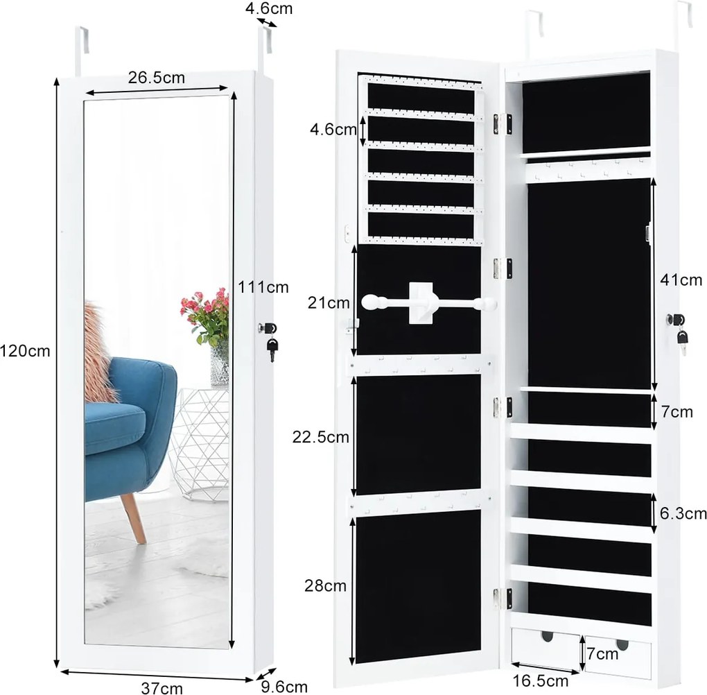 Costway Šperkovnice s 15 LED světly a zrcadlem po celé délce a montáží