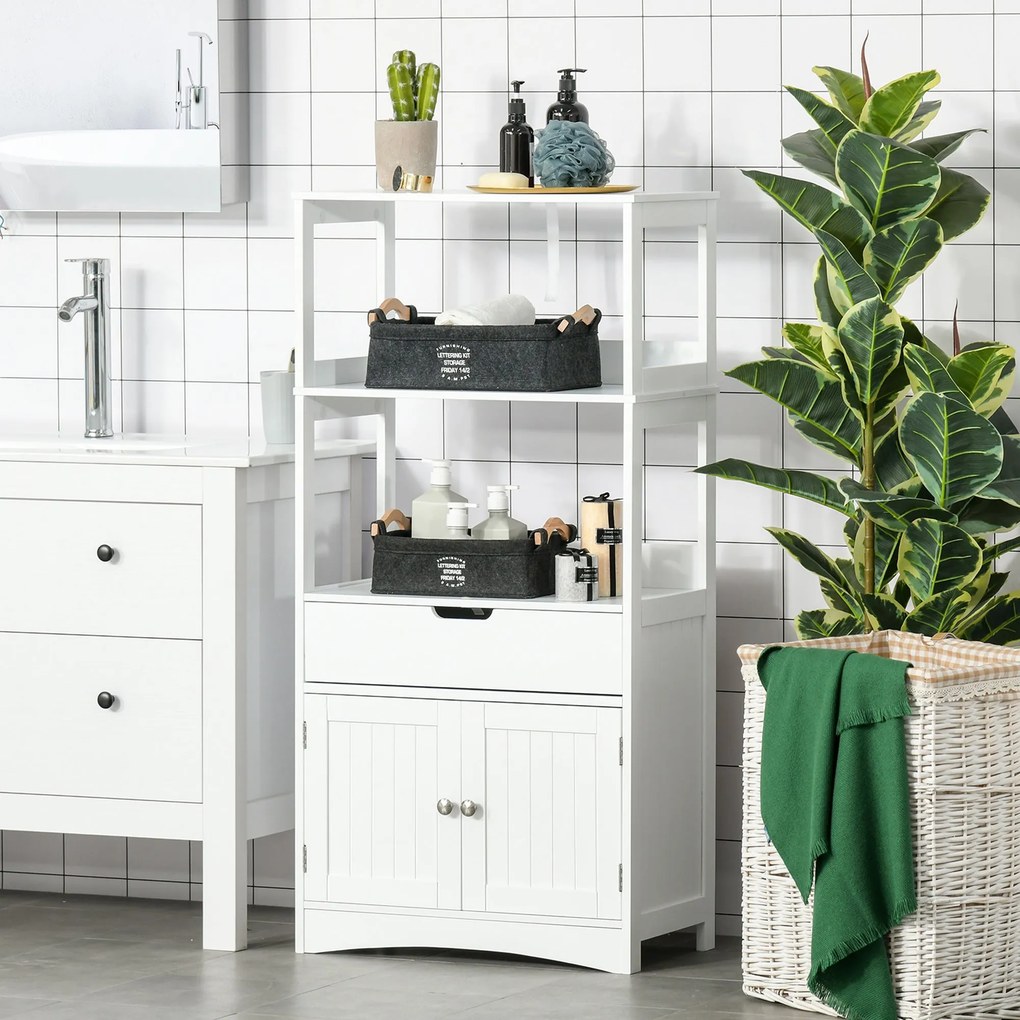 Kleankin Koupelnová skříňka se 3 policemi, šuplíkem a 2 dveřmi – Moderní skříňka na podlaze pro kuchyň, ložnici a obývací pokoj 60x33x122,5 cm Bílá