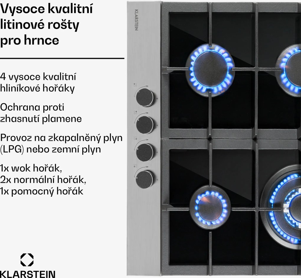 Klarstein Alchemist 4zónová plynová varná deska s hliníkovými hořáky, černá sklokeramika